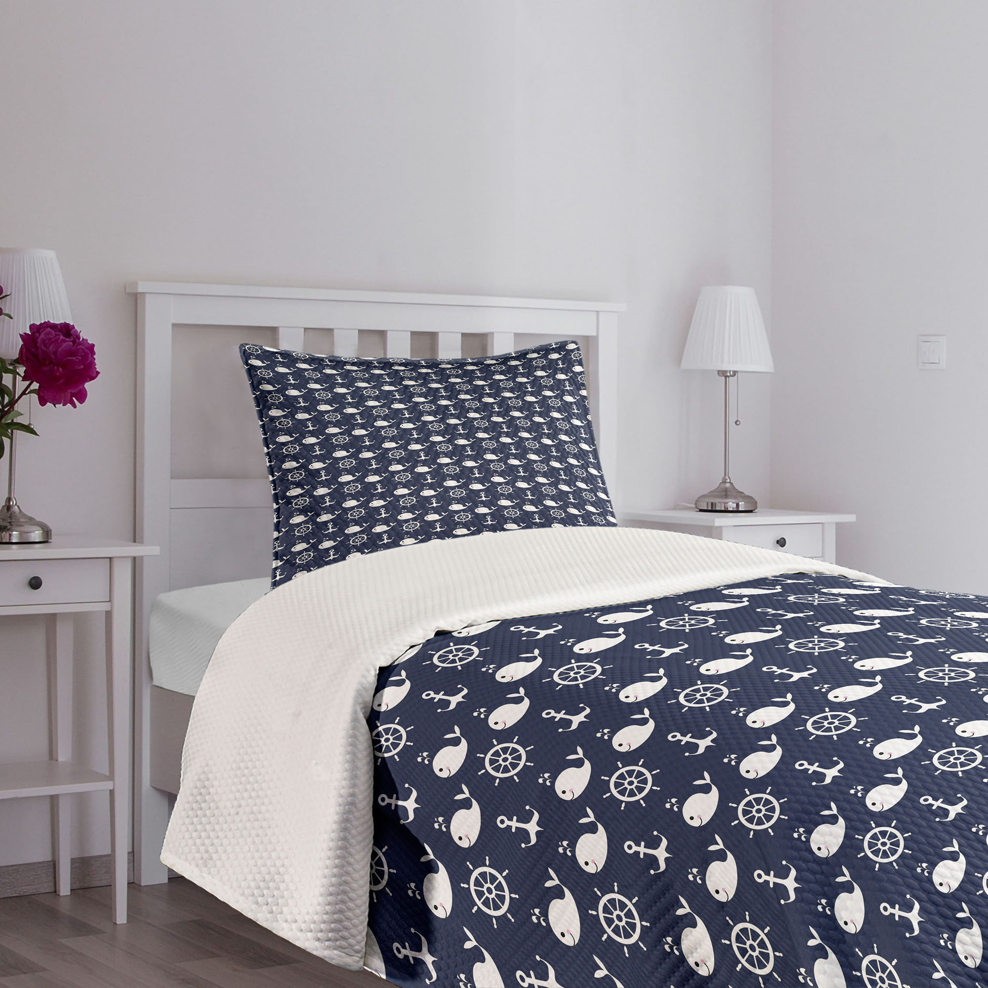 Ambesonne Navy Blue Bedspread Set Maritime Anchor Whale Navy Blue White ...