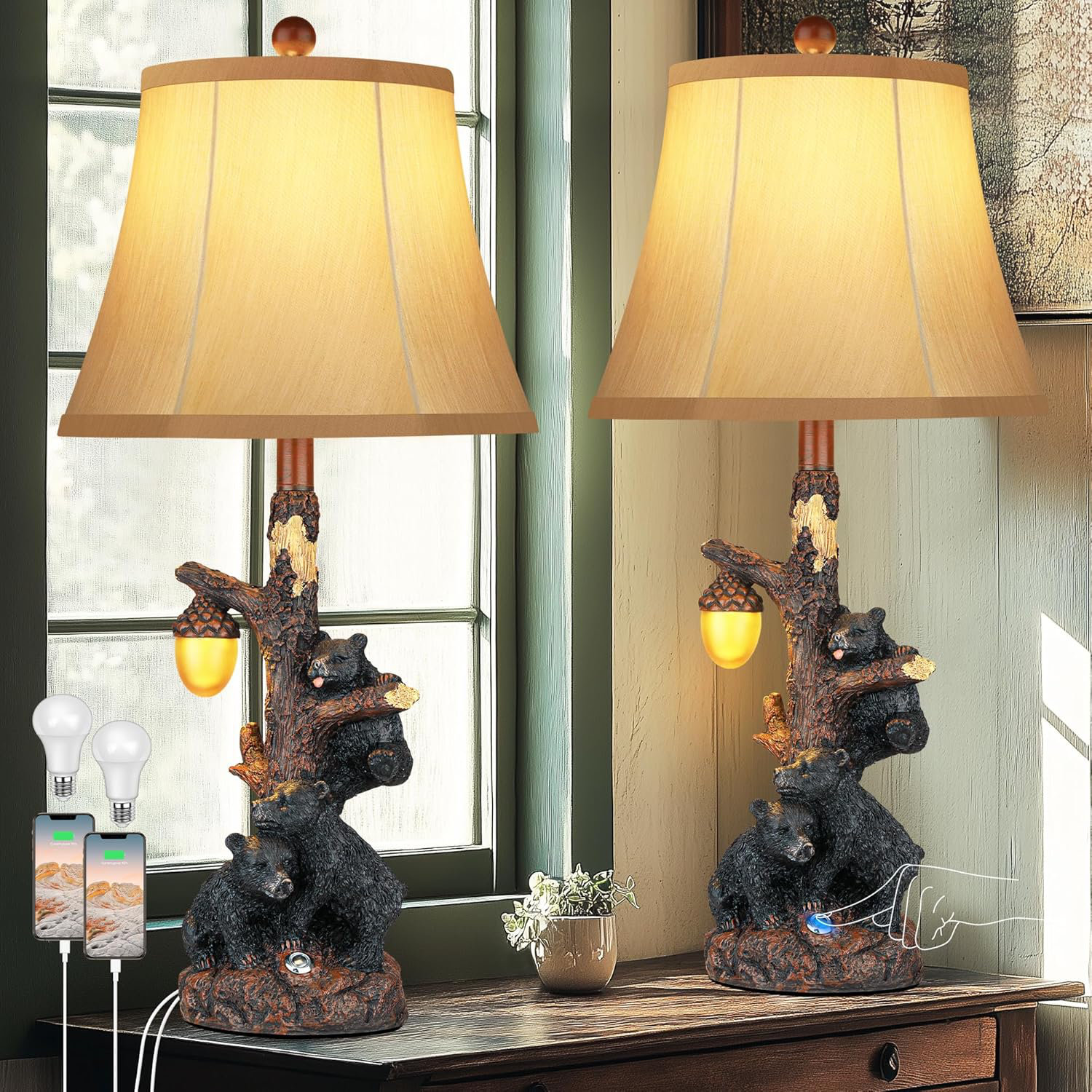 Loon Peak® Set Of 2 Bear Table Lamps With Nightlight & USB A+C Ports, Touch Control Rustic ...