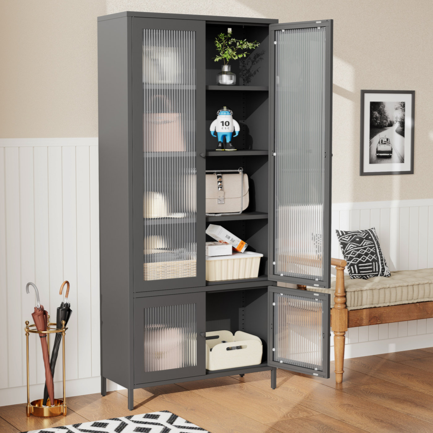 Hokku Designs Large Metal Storage Cabinet Display Cabinet With 4 Glass ...