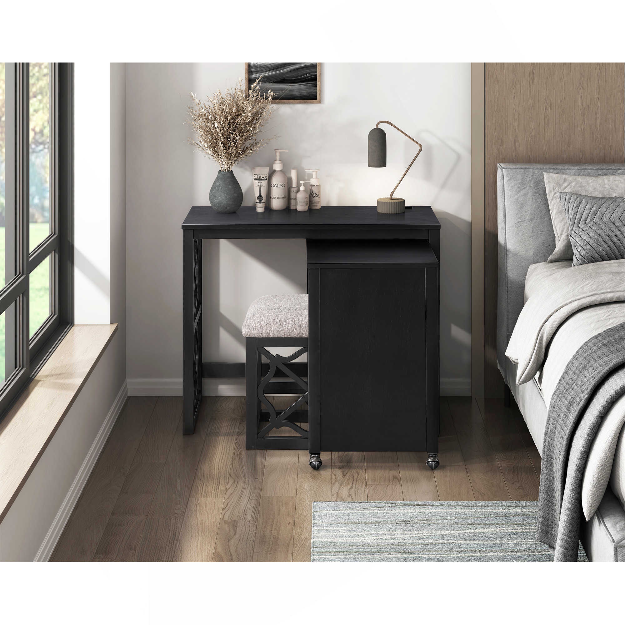 Mr Hua Desks And Stool Set 3Pc White Finish Rolling Desk With Casters ...