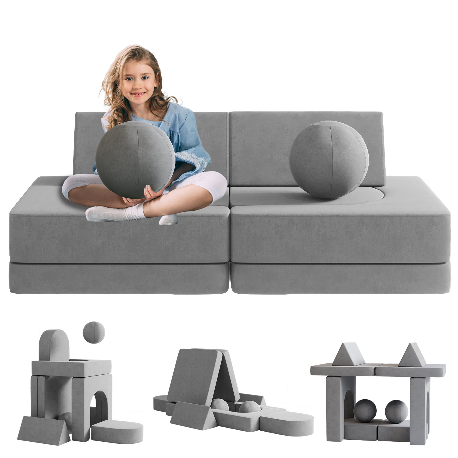 linor Kids Couch 10pcs with 2 Balls and Tunnel, Toddler Sofa Kids Fold ...