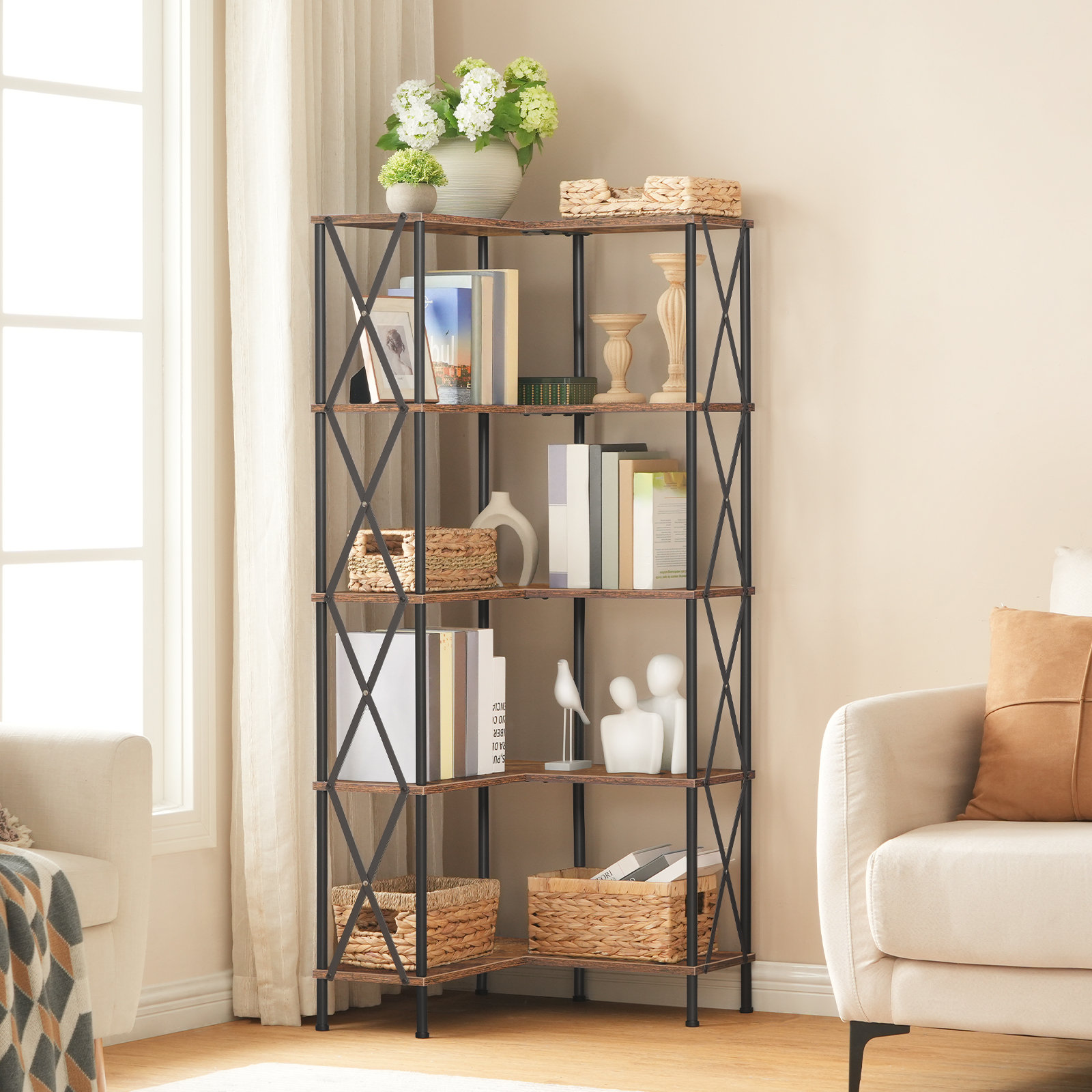 17 Stories Corner Bookshelf, 5-Tier L-Shaped Bookcase, Industrial Open ...