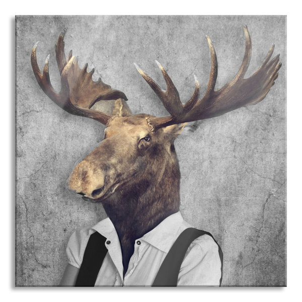 Happy Larry Elk Head with Human Body - Unframed Graphic Art on Glass ...
