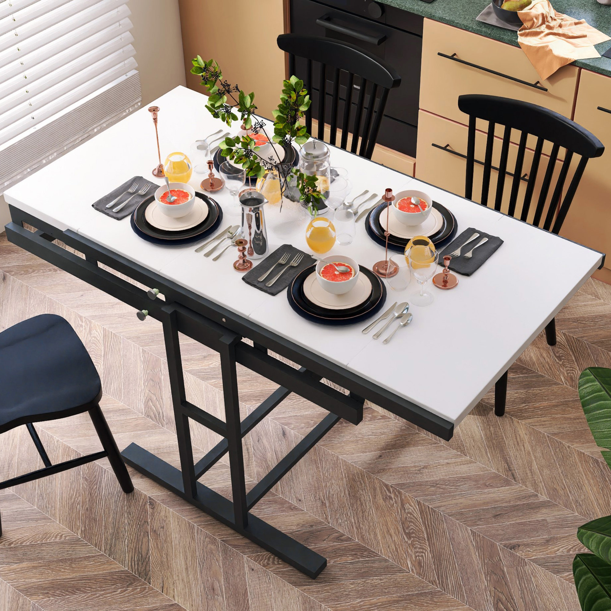 Ebern Designs Chontelle Extendable Solid Wood Top Metal Base Dining ...