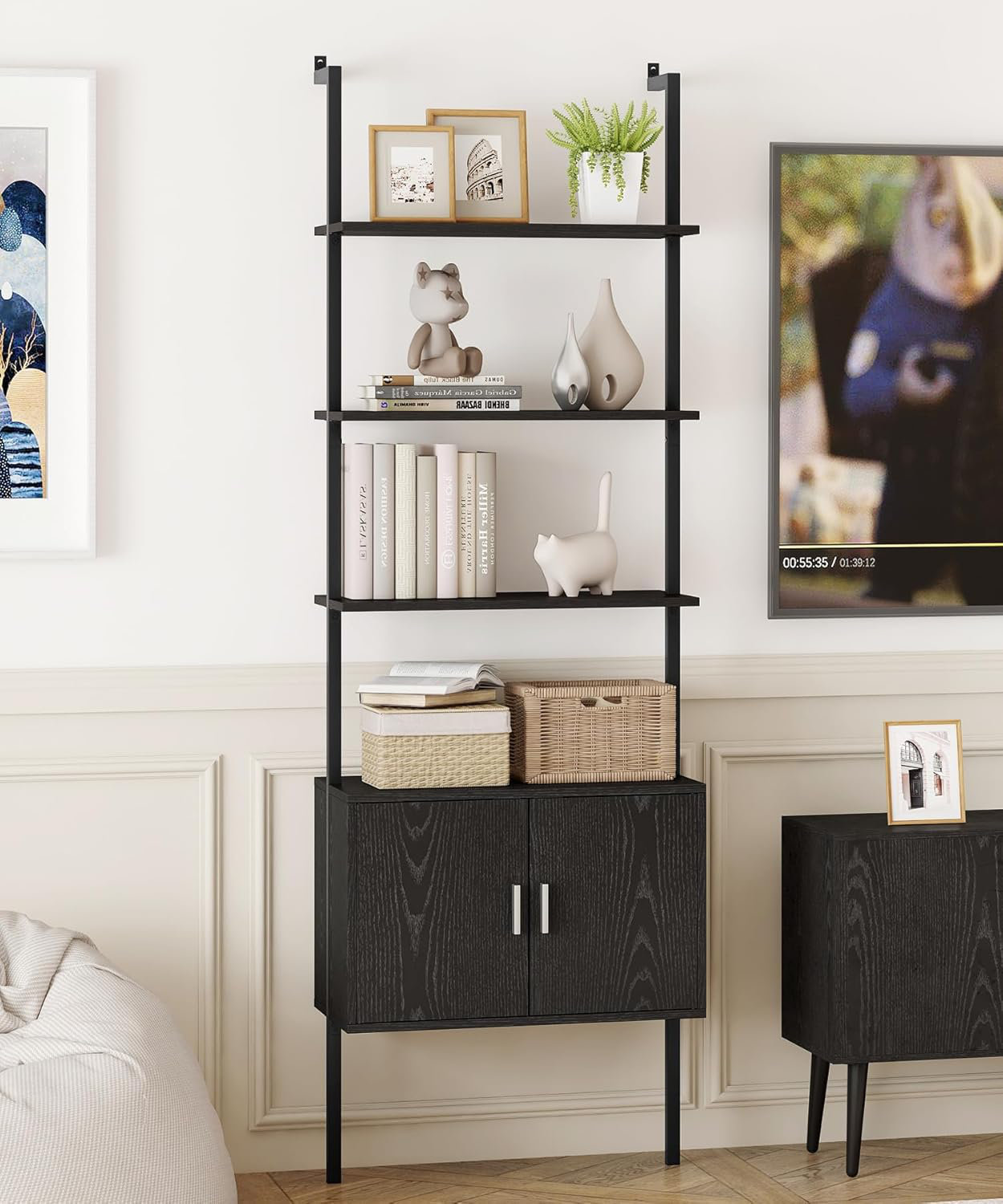 17 Stories 73 Inch High Bookshelf with Cabinet, Industrial Ladder Wall ...
