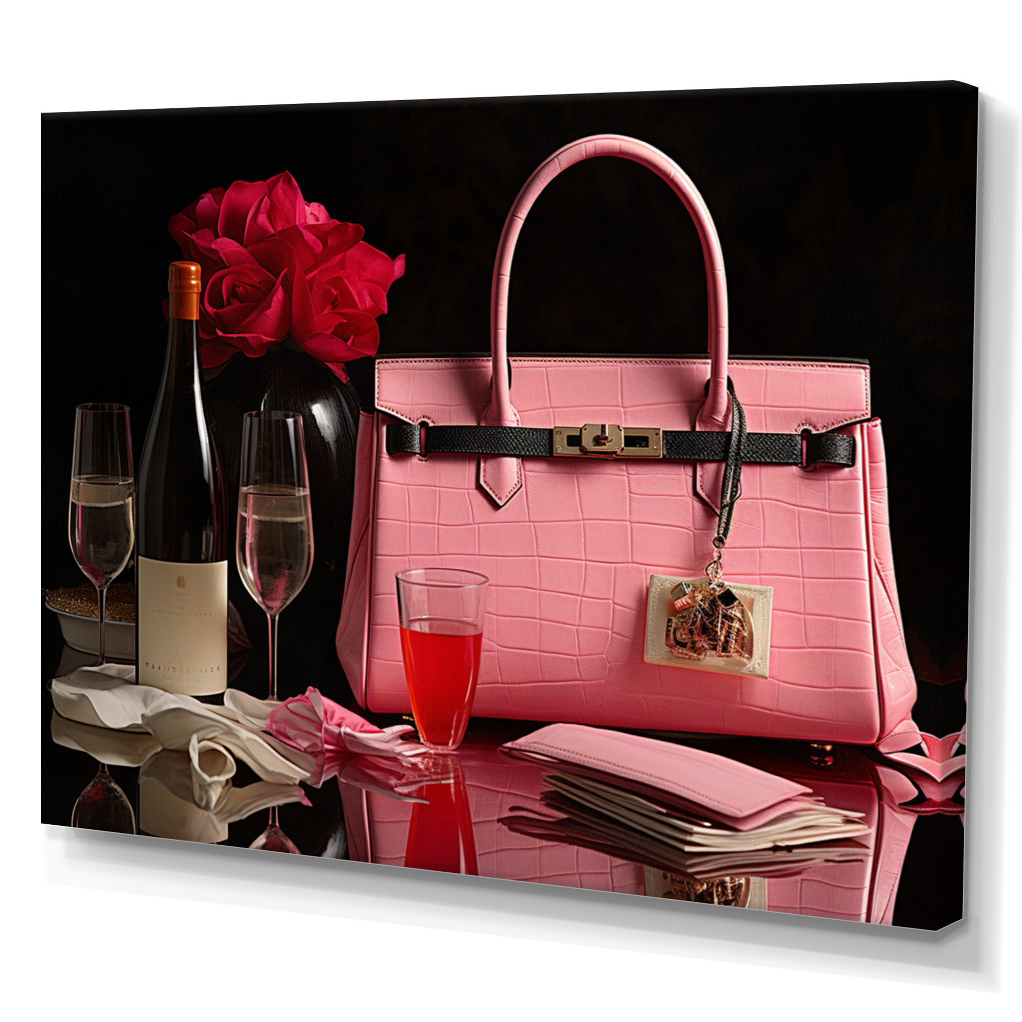 Everly Quinn Pink Fashion Bag & Champagne V - Print | Wayfair