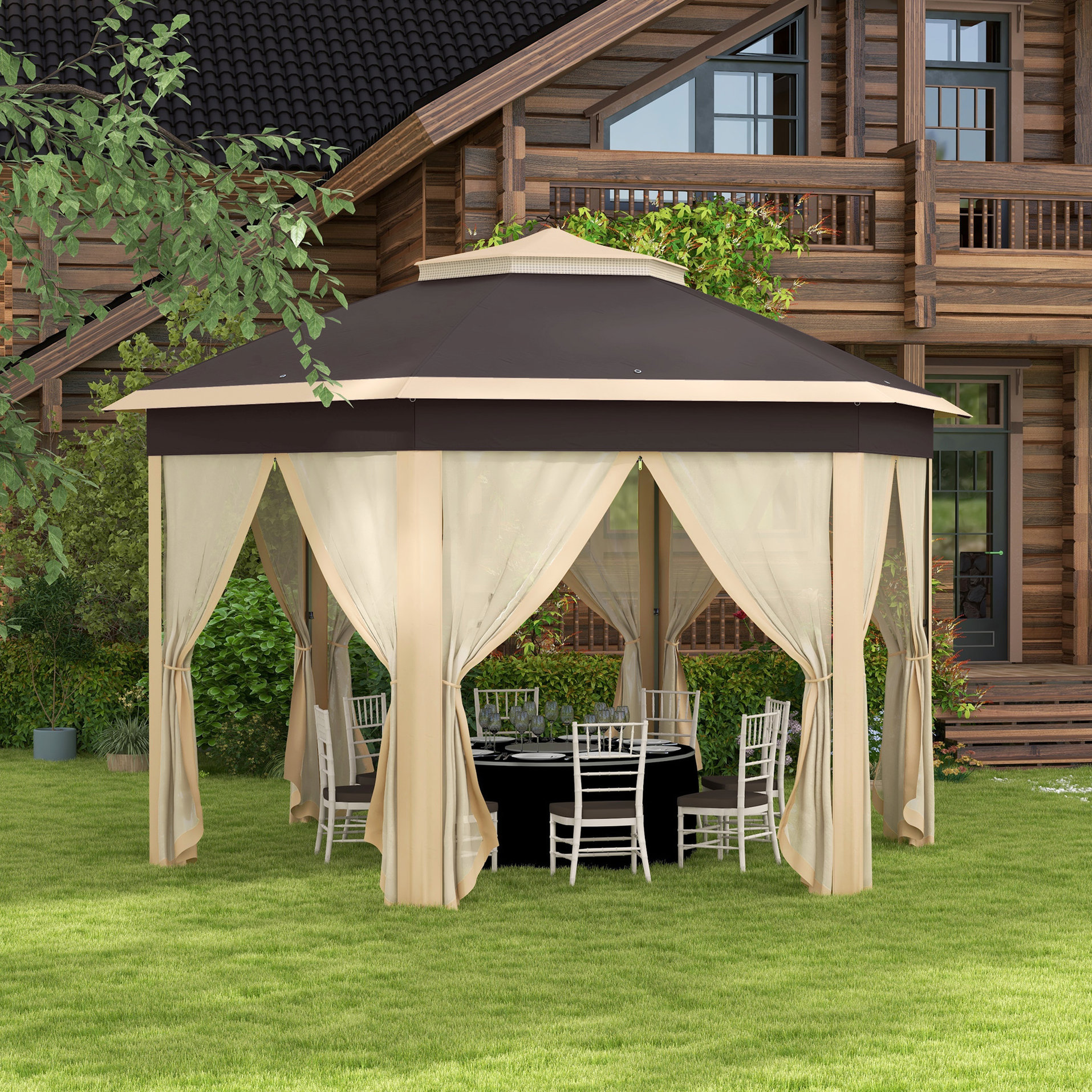 Arlmont & Co. 13.3' X Gazebo, Hexagonal Canopy Shelter. Beige, Strong ...