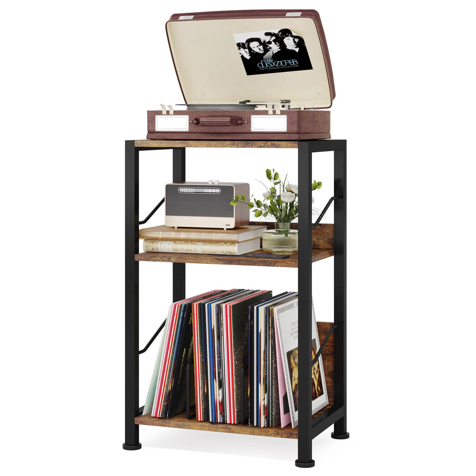 17 Stories 3-Tier Record Player Stand - Retro Vinyl Record Storage End ...