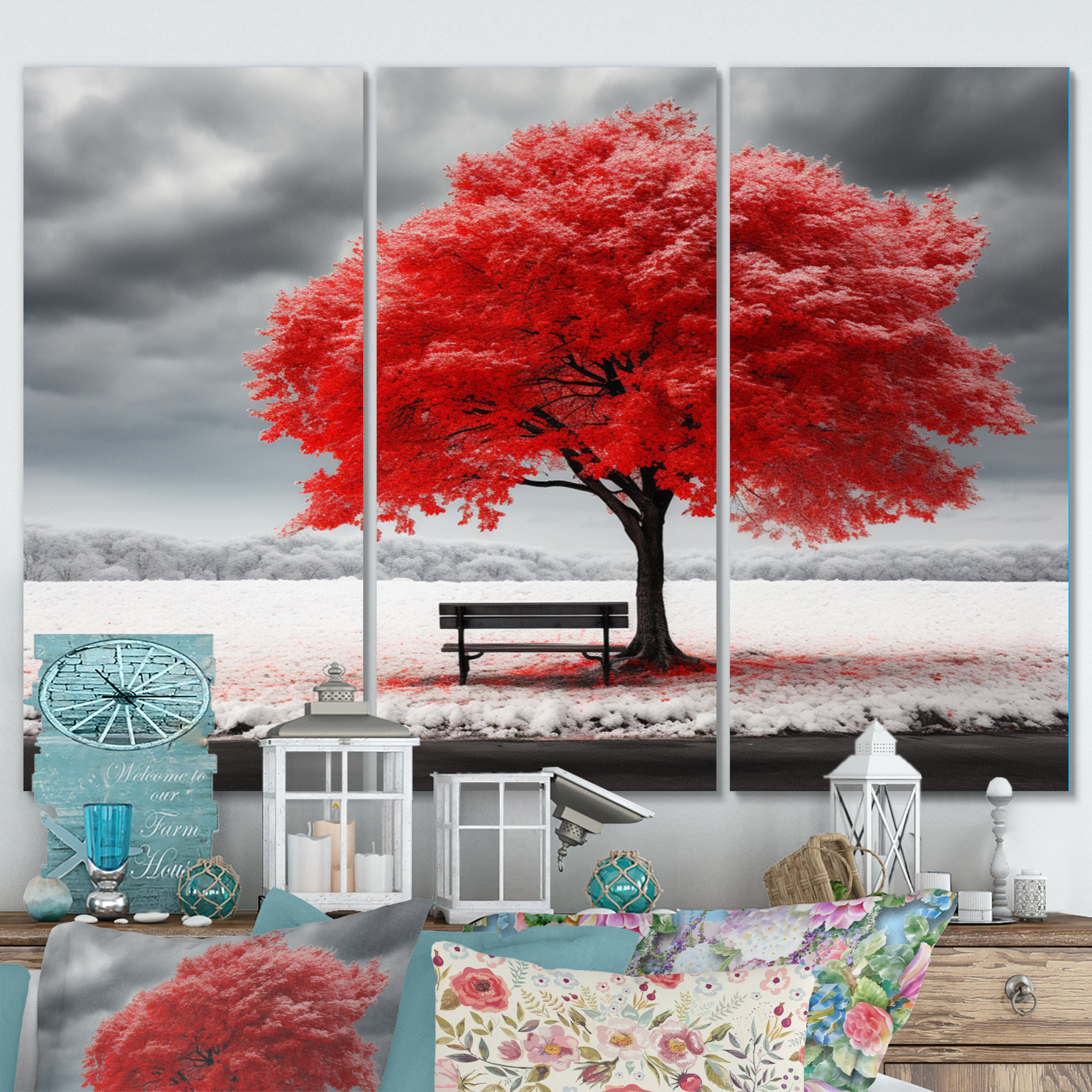Ebern Designs Red Tree Symphony In Winter I On Canvas 3 Pieces Print ...