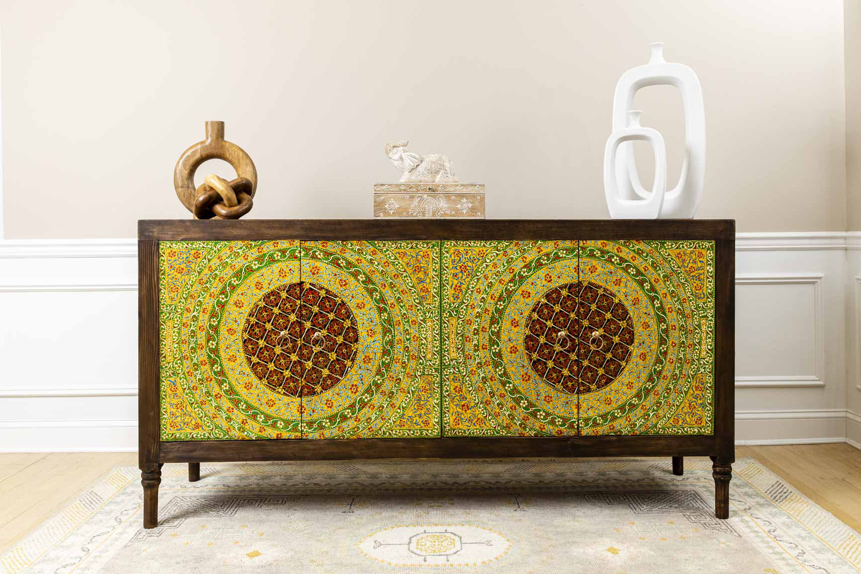 Pasargad Bohemian Solid Wood Sideboard, Brown/Green/Red/Yellow | Wayfair