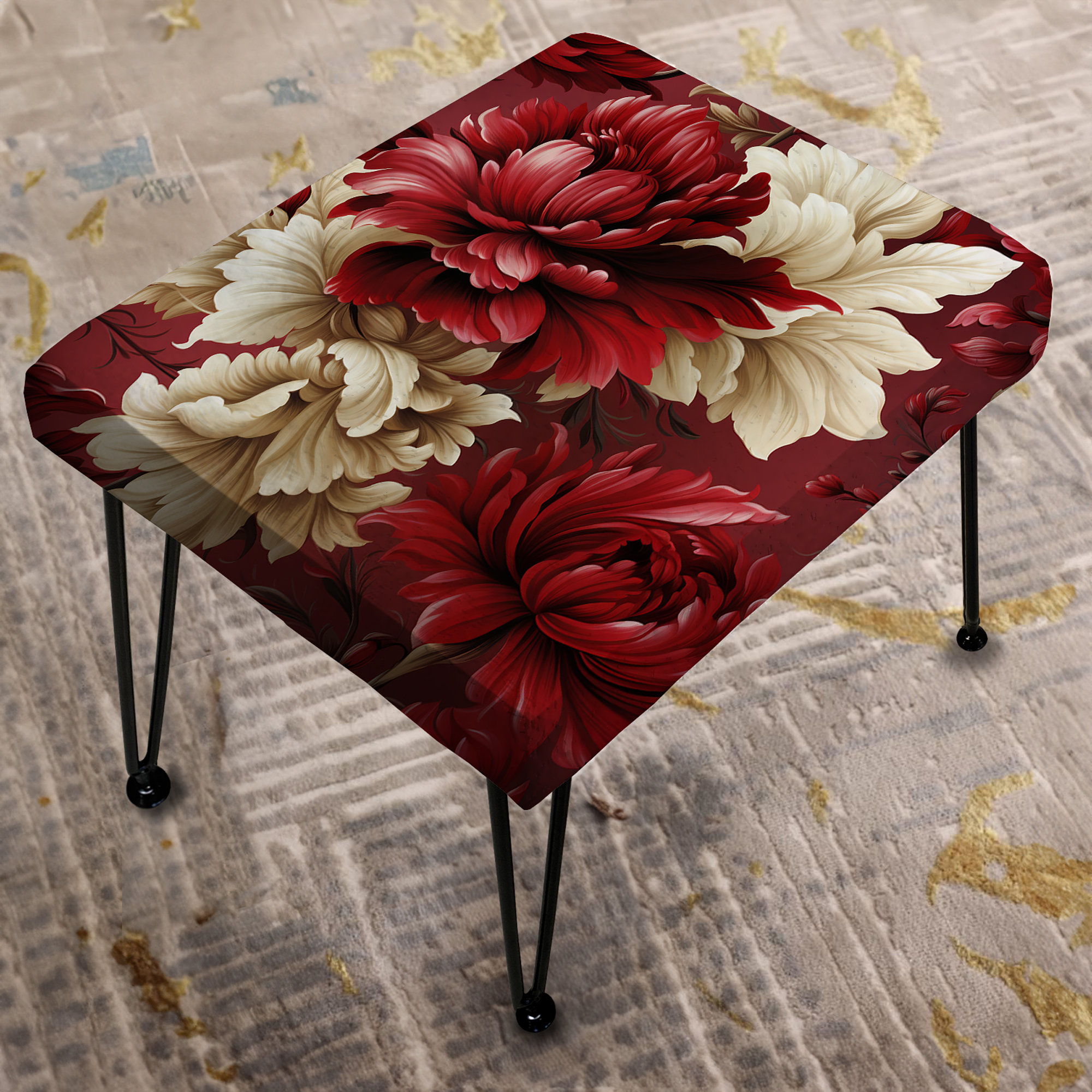 Design Art Red Regal Damask Opulence - Floral Rectangle Ottoman | Wayfair