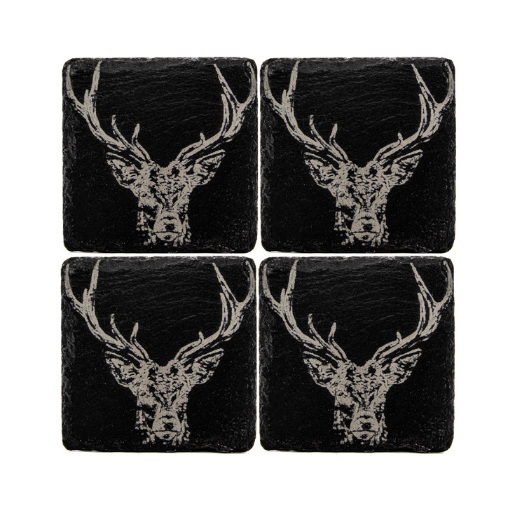 East Urban Home 4 Square Slate Coasters with Stag Prince Design ...