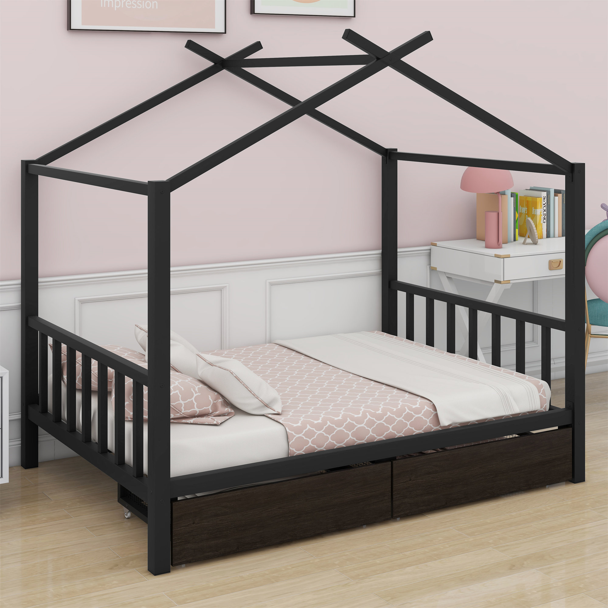 Dakota Fields Metal House Platform Bed With Two Drawers,Headboard And ...