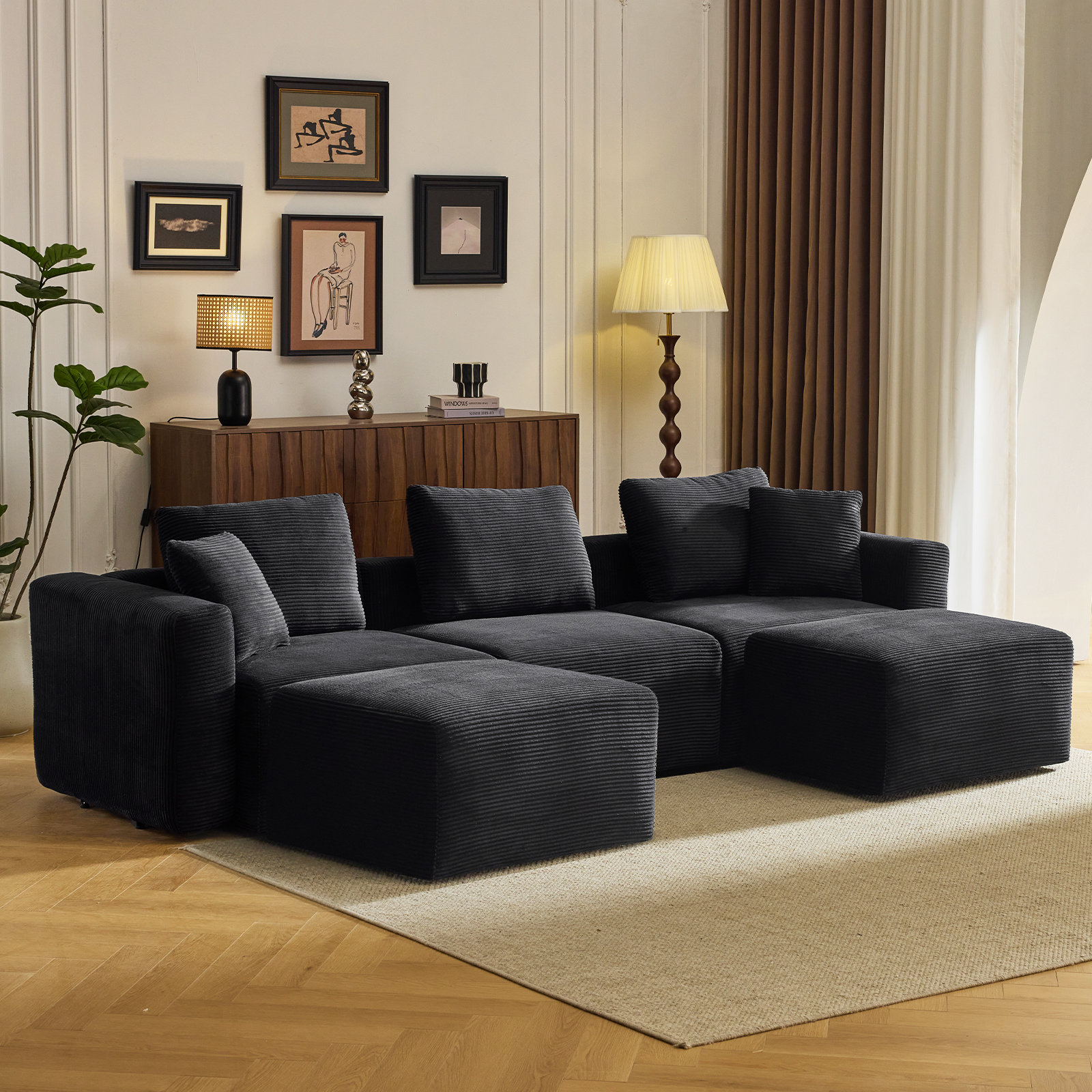 Wrought Studio™ 110''W Corduroy Modern Compressed Block Sectional Couch ...