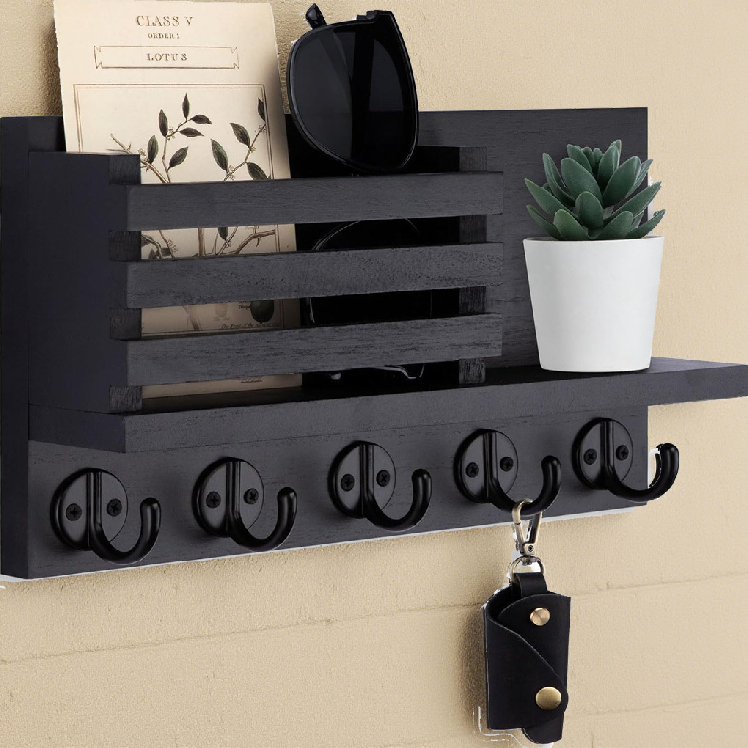 Lark Manor™ Decorative Wooden Key Holder For Wall With 5 Metal Hooks ...