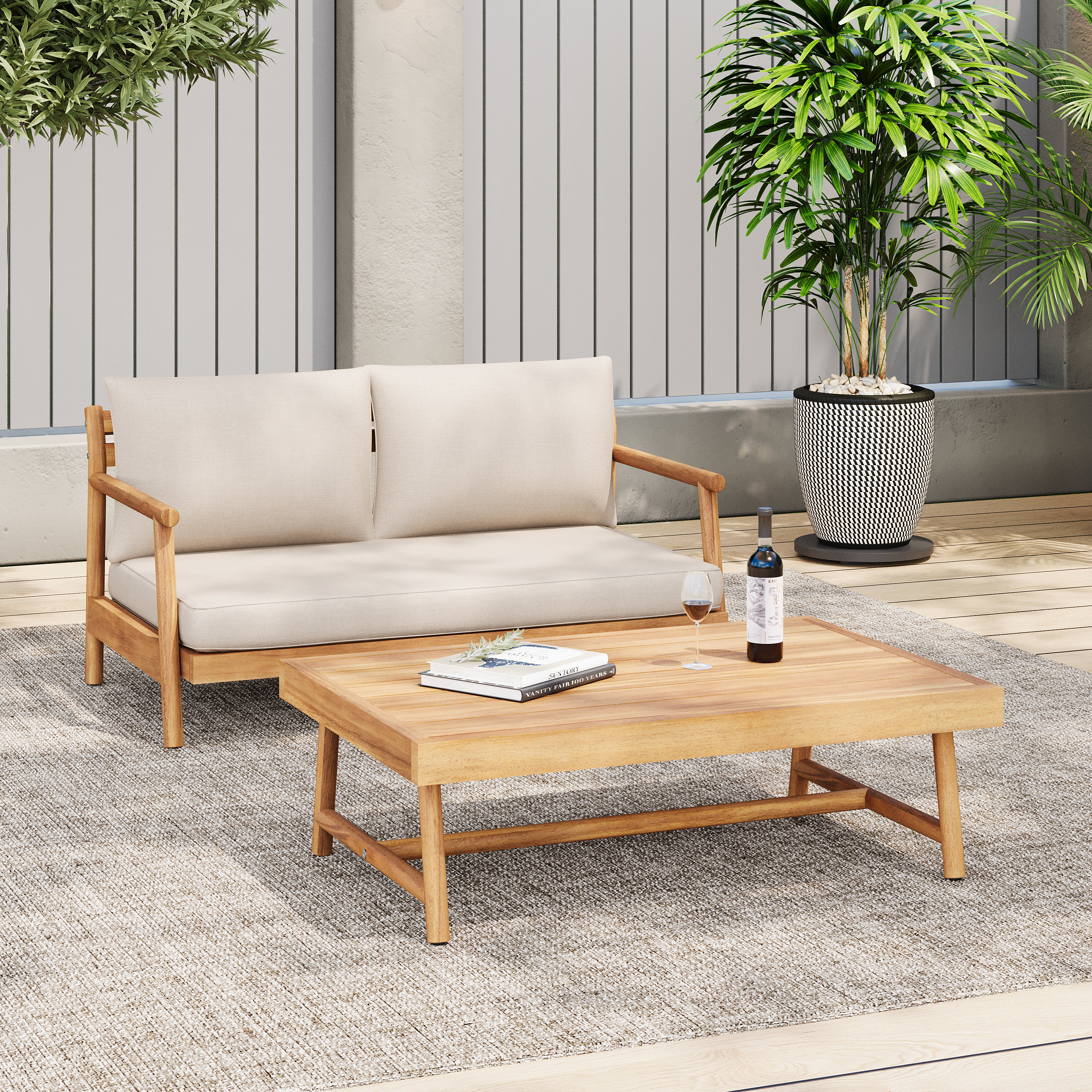 Highland Dunes Hera Outdoor 2-Piece Acacia Wood Conversation Set With ...