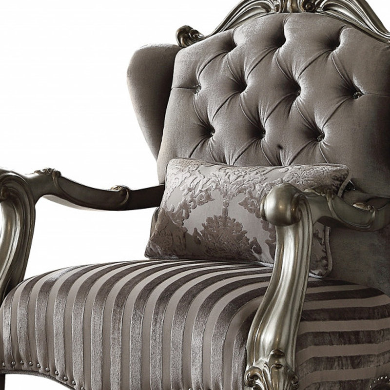 HomeRoots 33" Gray And Platinum Velvet Striped Tufted Wingback Chair ...