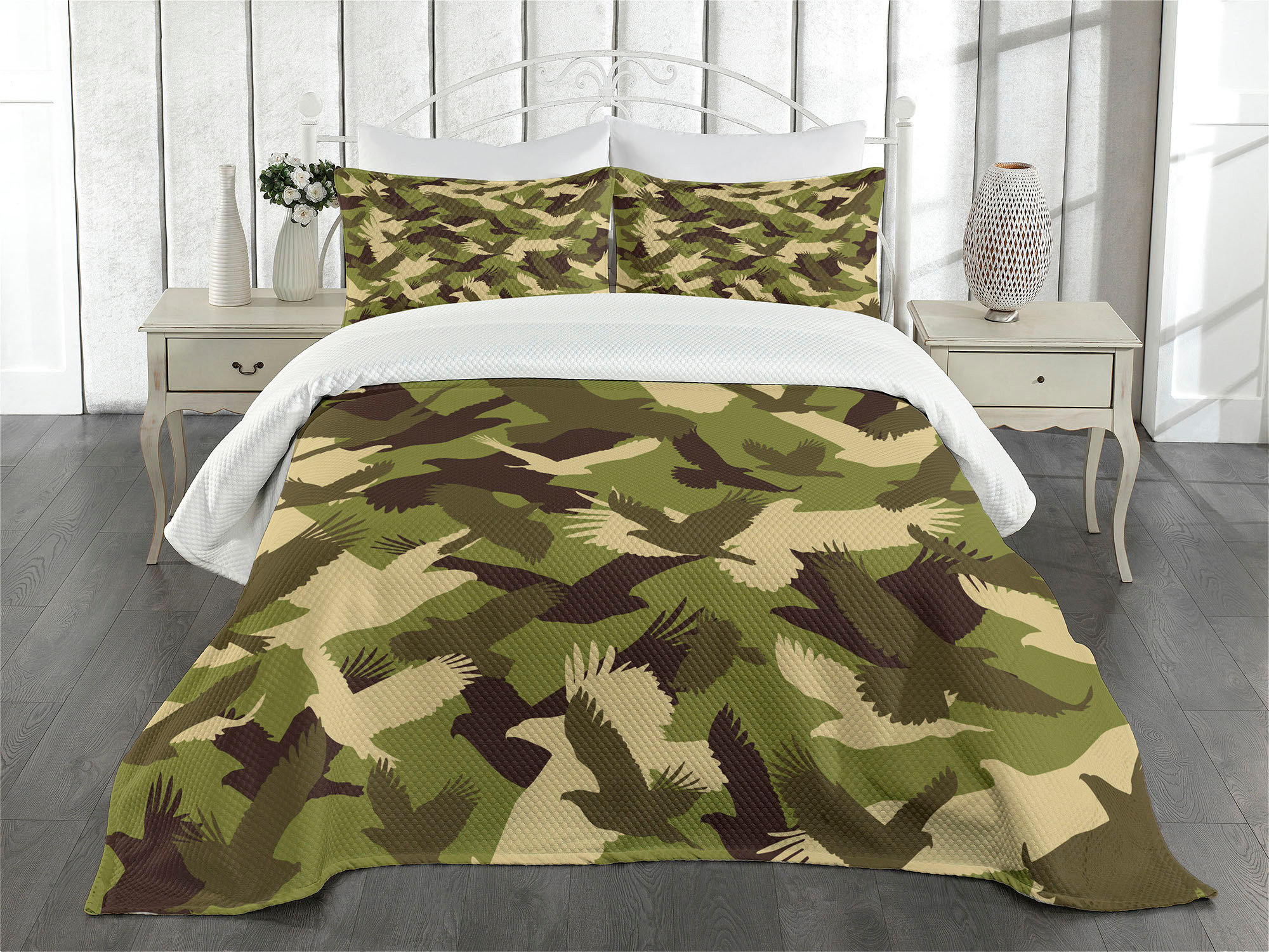 Ambesonne Eagle Bedspread Set Open Wings Camouflage Dark Brown Army ...