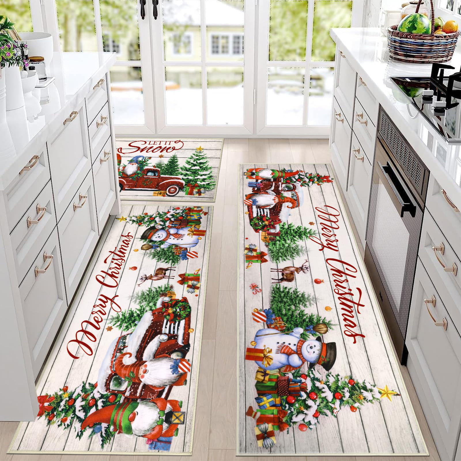 The Holiday Aisle® Christmas Washable Kitchen Rugs Sets of 3 | Wayfair