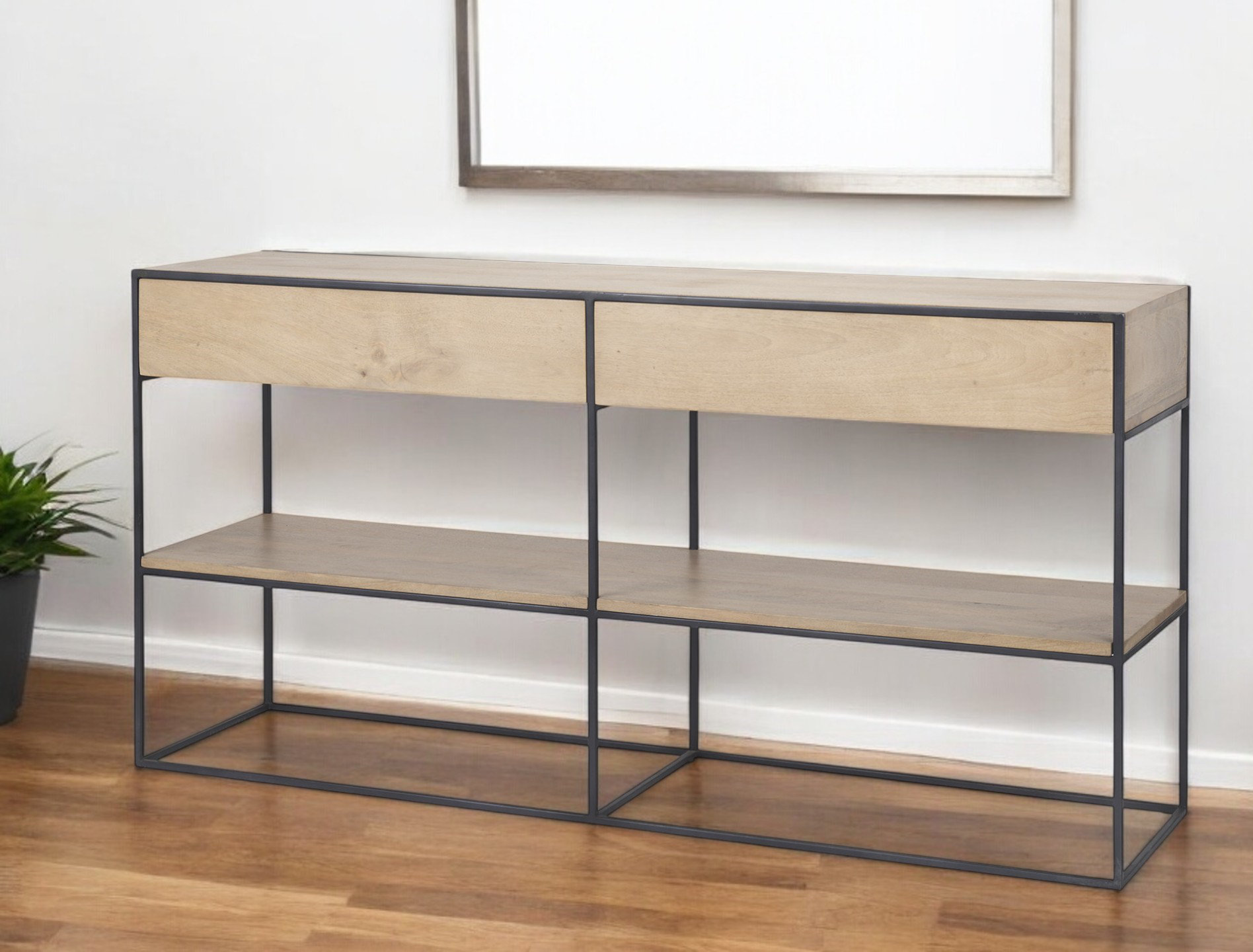 HomeRoots 63" Natural and Black Solid Wood and Metal Frame Console ...