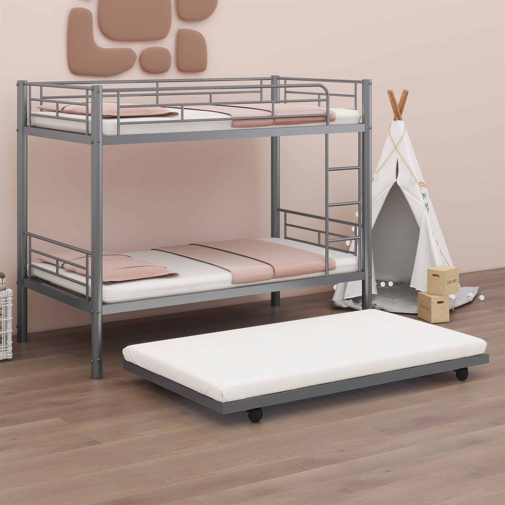 Ivy Bronx Metal Bunk Bed With Trundle Bed,Can Be Divided Into Two Beds ...