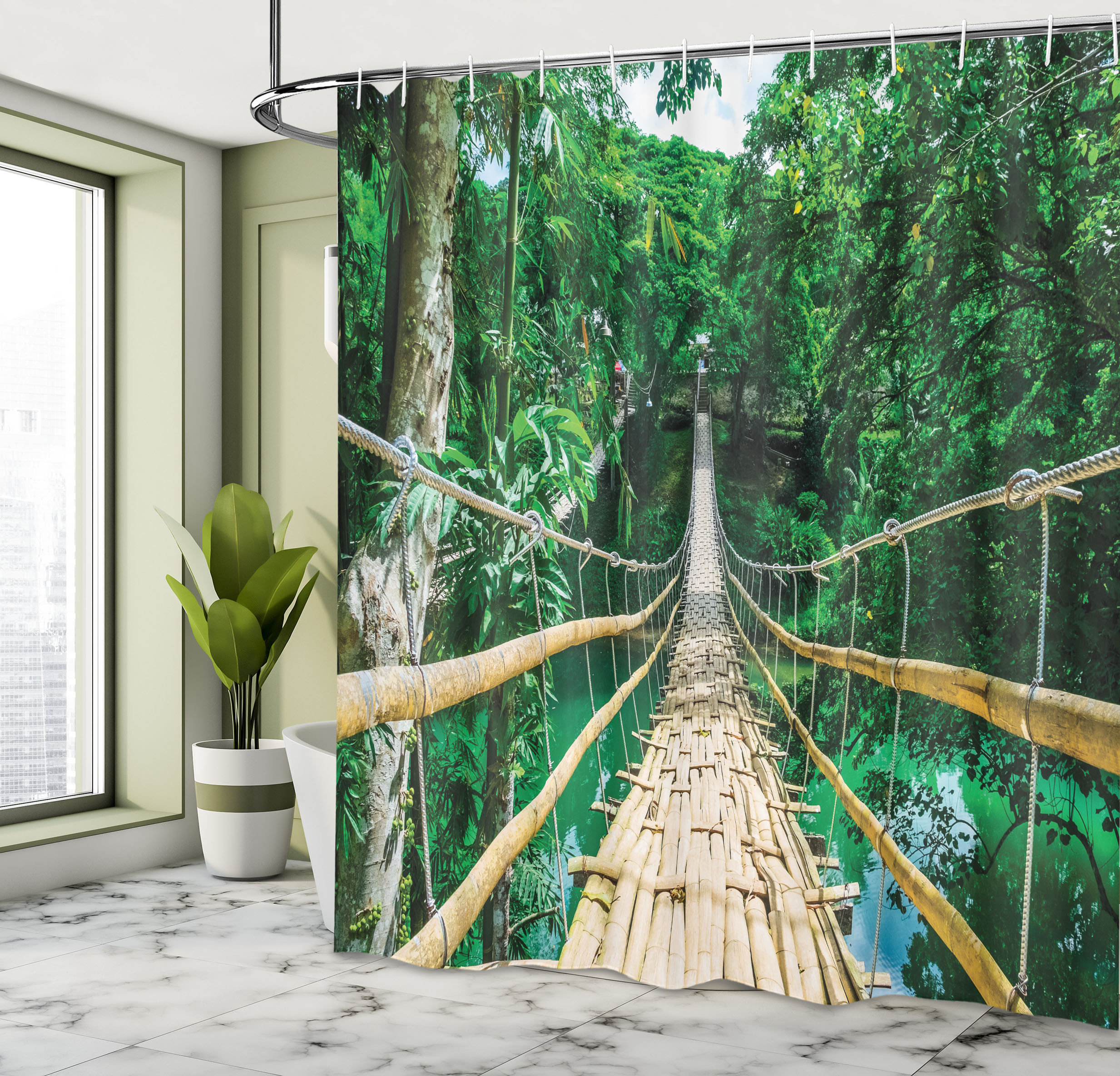 East Urban Home Tropical Shower Curtain River Bridge of Forest Beige ...