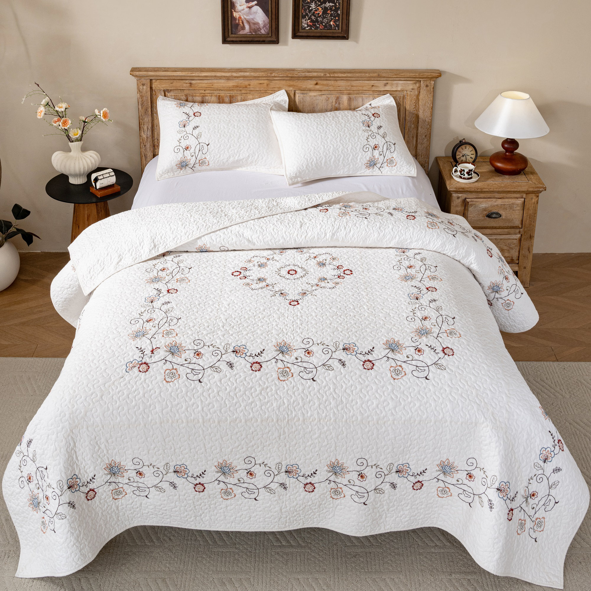 MeadowPark 100% Cotton Embroidered Quilt Set – Floral Stitched Coverlet ...