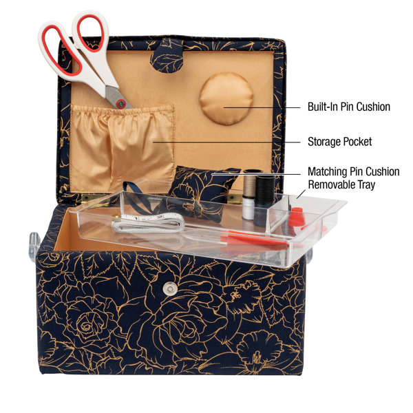 SINGER Large Sewing Basket Gold Floral Print with Sewing Kit and ...