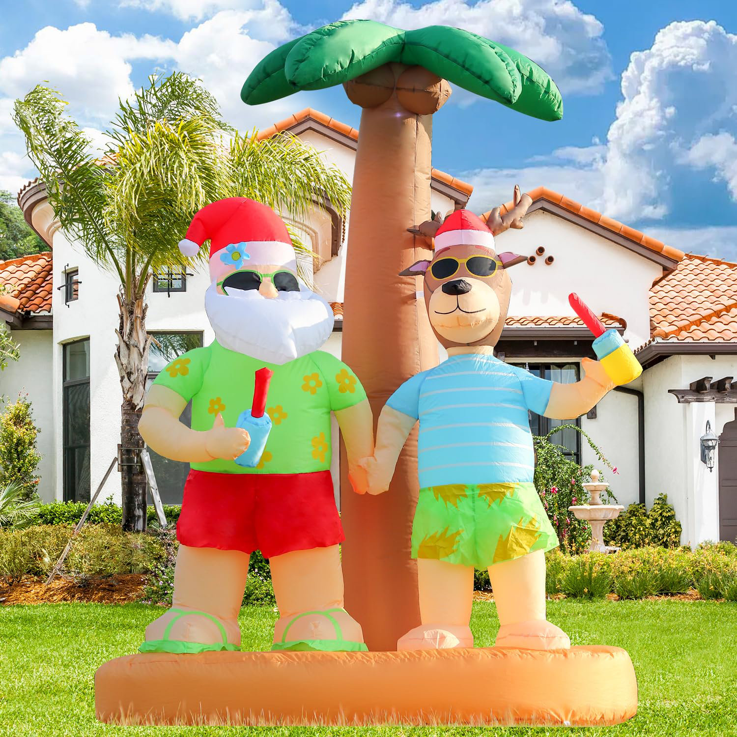 Bayou Breeze 8FT Christmas Santa & Reindeer Inflatable with Palm Tree ...