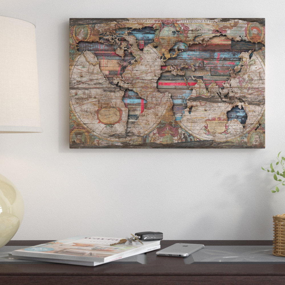 East Urban Home Distressed World Map by Diego Tirigall - Wrapped Canvas ...
