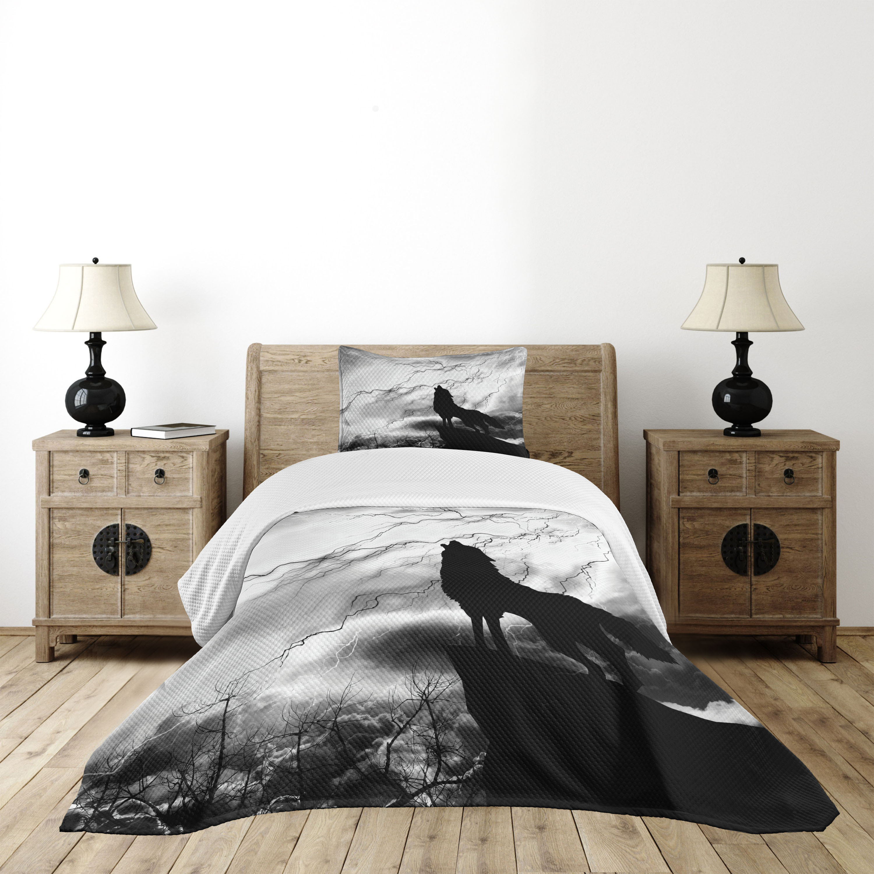 Ambesonne Wolf Bedspread Set Howling Under Full Moon Black Grey and ...
