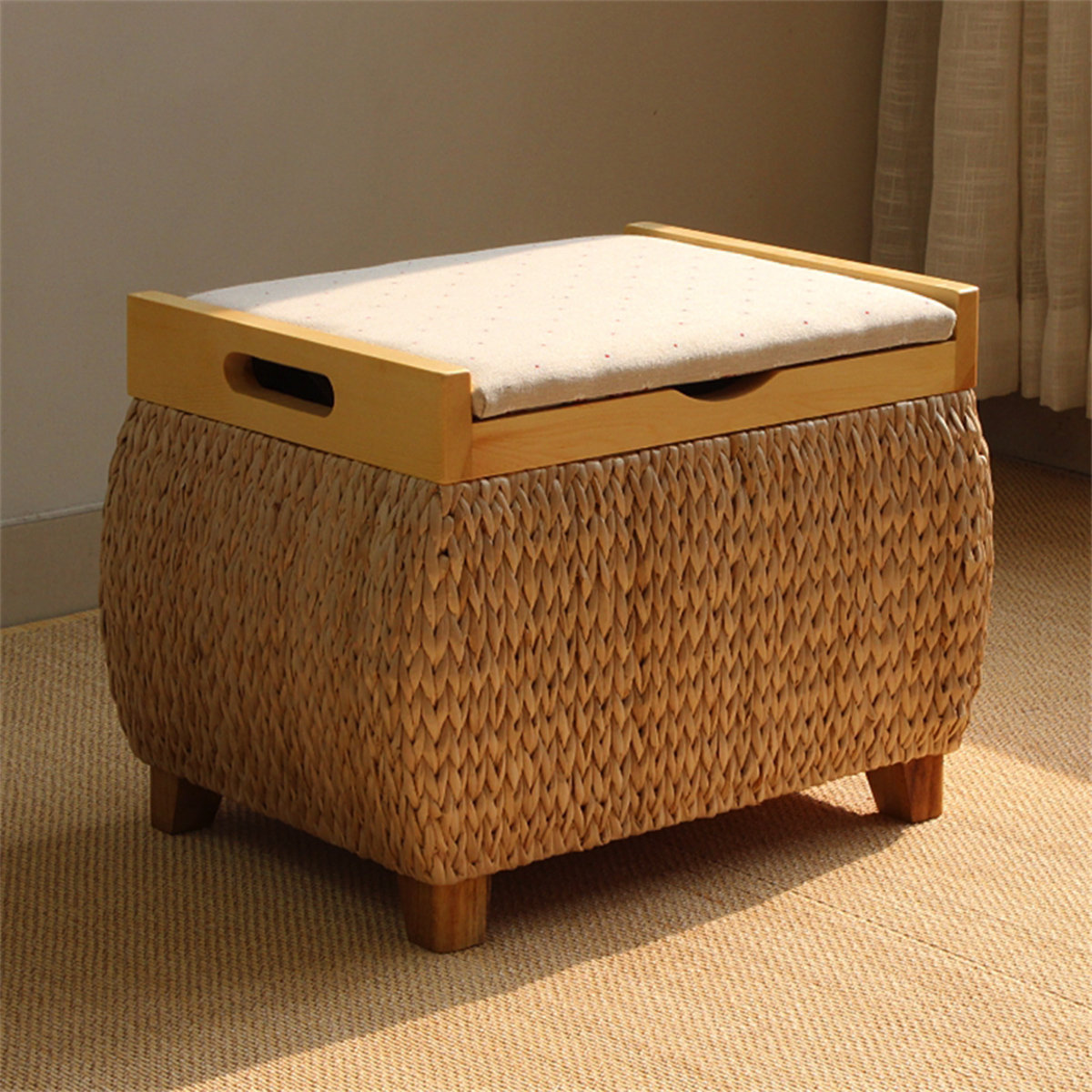 August Grove® Modern Rustic Storage Footstool - Solid Wood with Woven ...