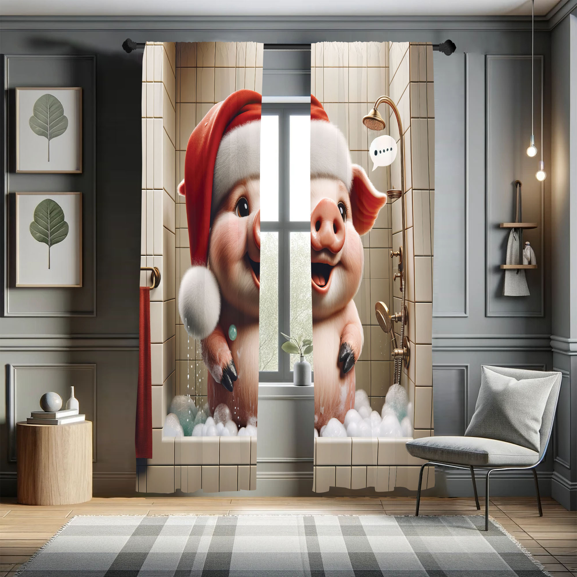 The Holiday Aisle® Christmas Curtains, Funny Pig in the Shower | Wayfair