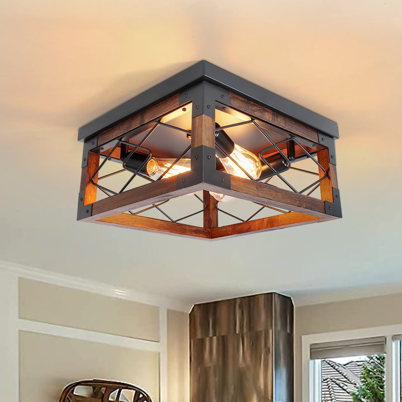 Gracie Oaks Lucelia 4-light Metal Wood Frame Caged Unique Flush Mount ...