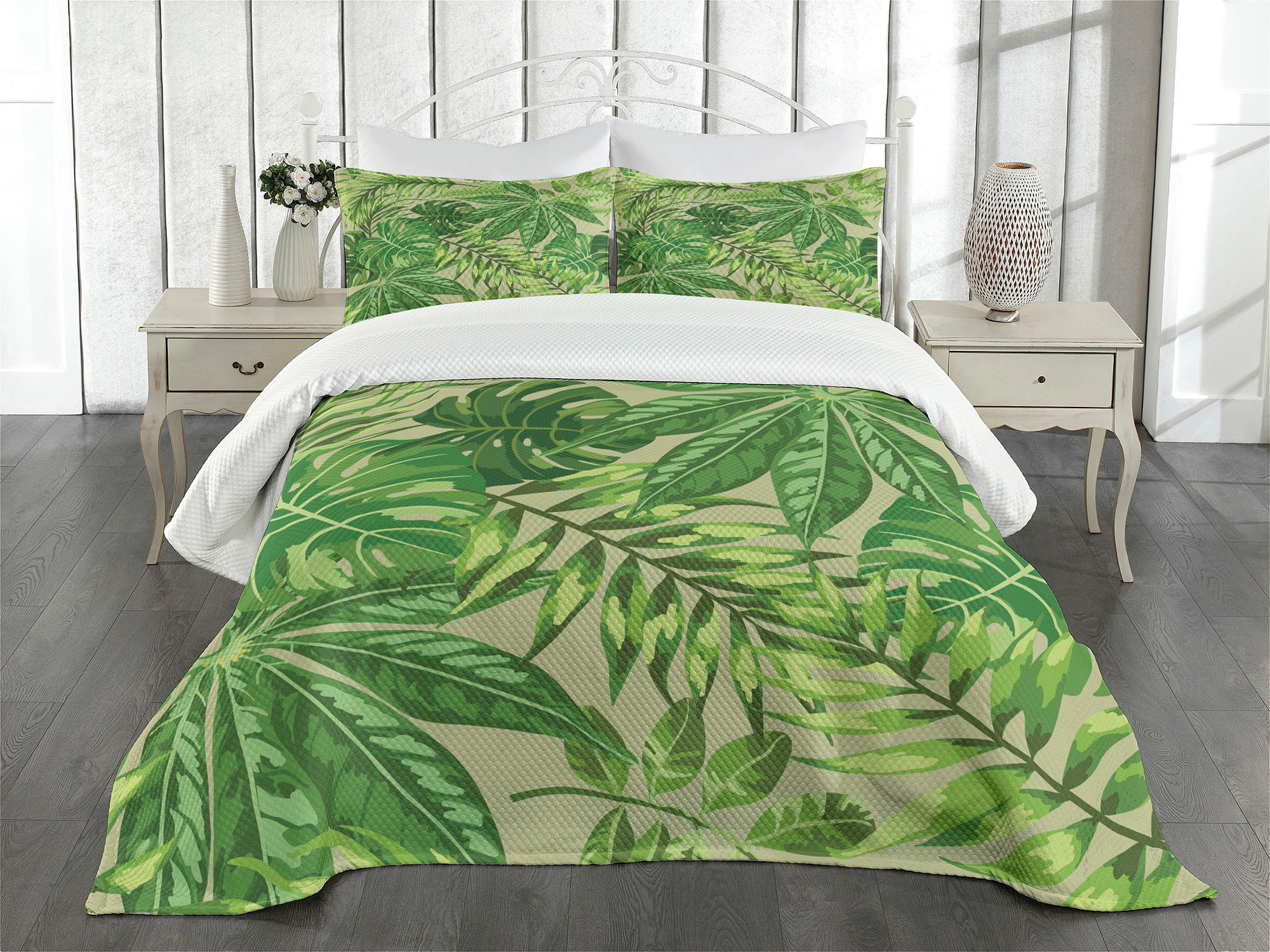 Ambesonne Green Leaf Bedspread Set Fresh Jungle Aloha Apple Green Fern ...