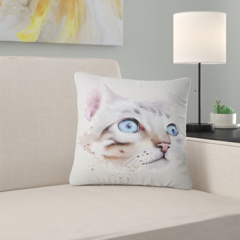 Design Art Cat with Blue Eyes Watercolor - Animal Printed Pillow | Wayfair