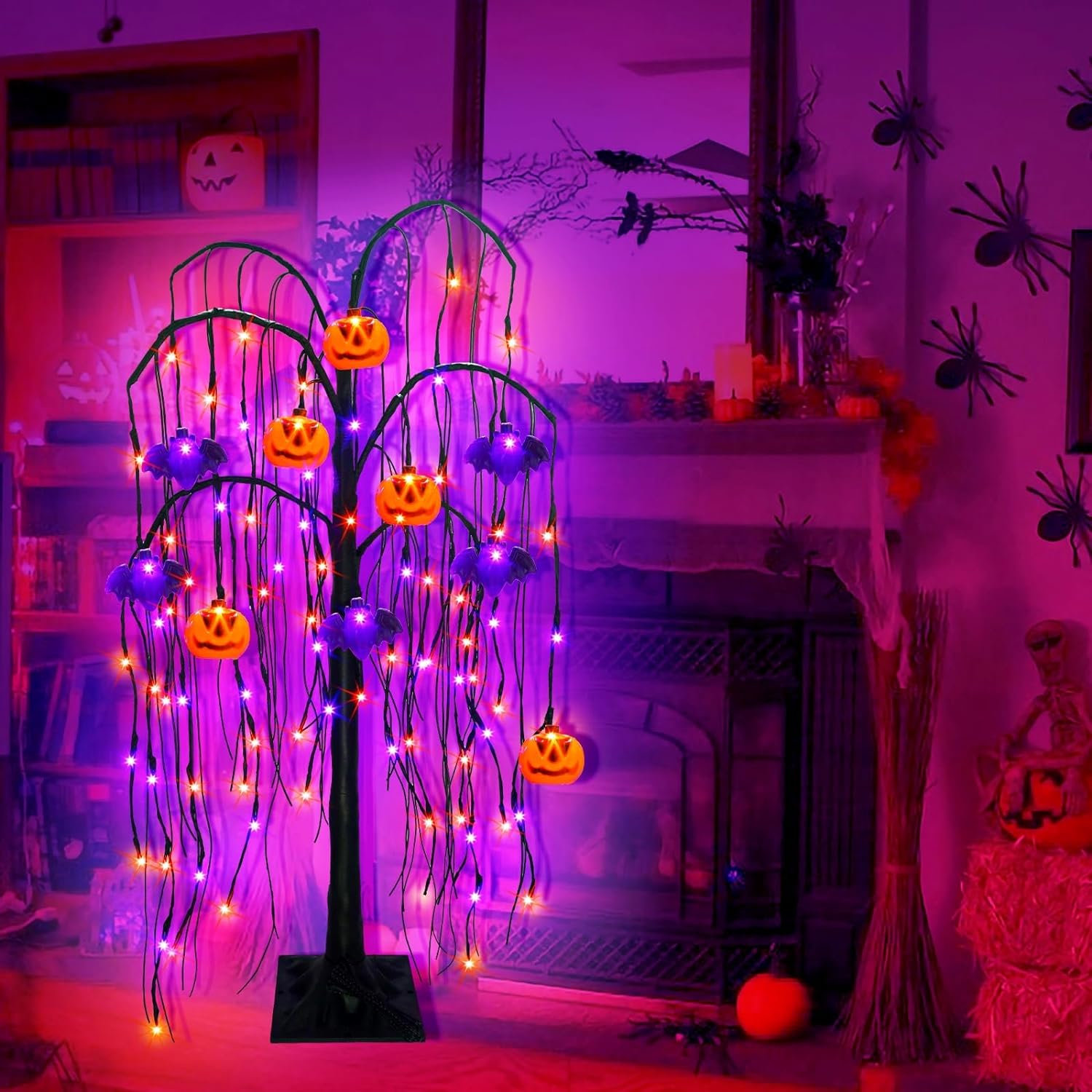 The Holiday Aisle® 4Ft 90LED Orange & Purple Lighted Halloween Willow ...