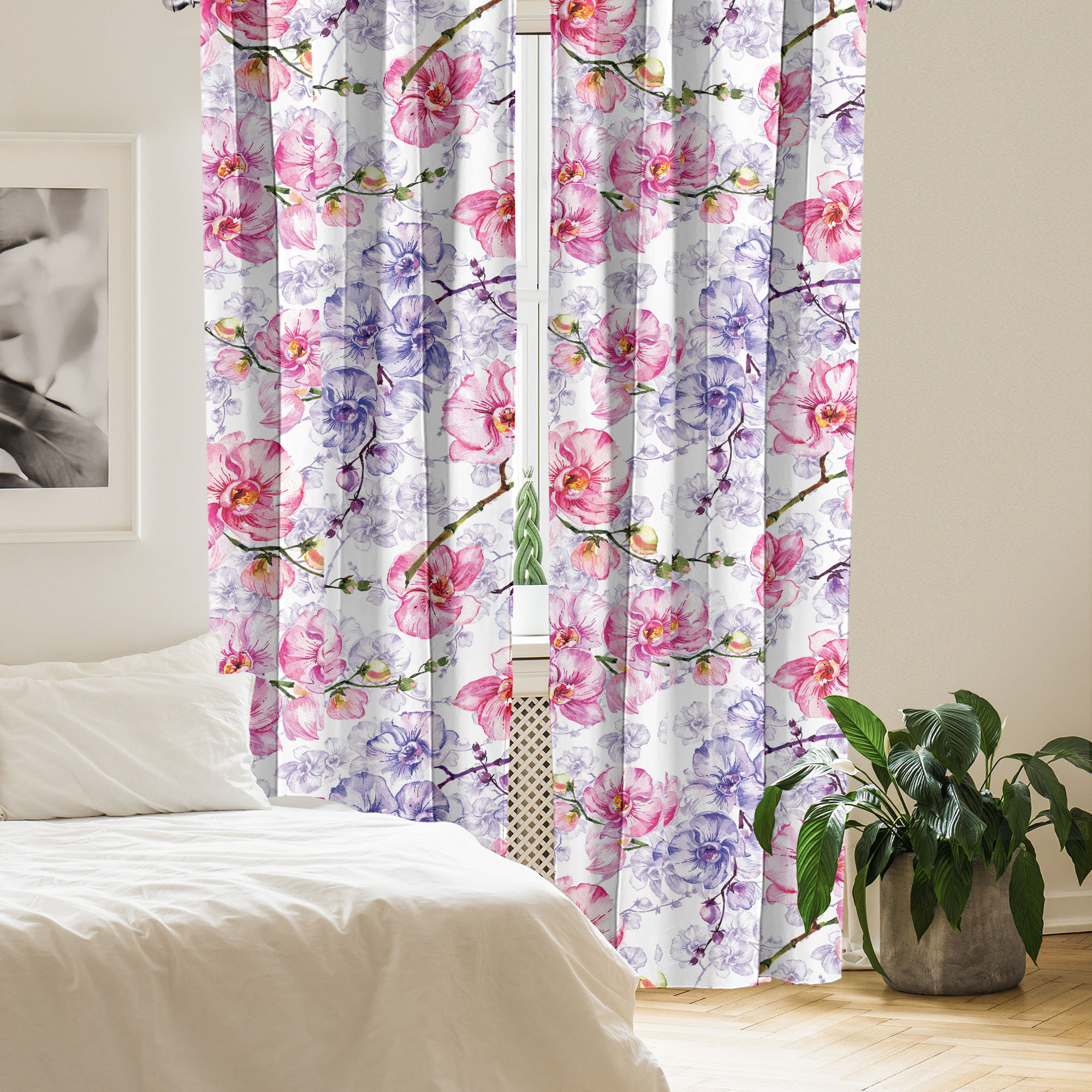 East Urban Home Spring Curtains Orchids Watercolor Pattern Pair of Dark ...