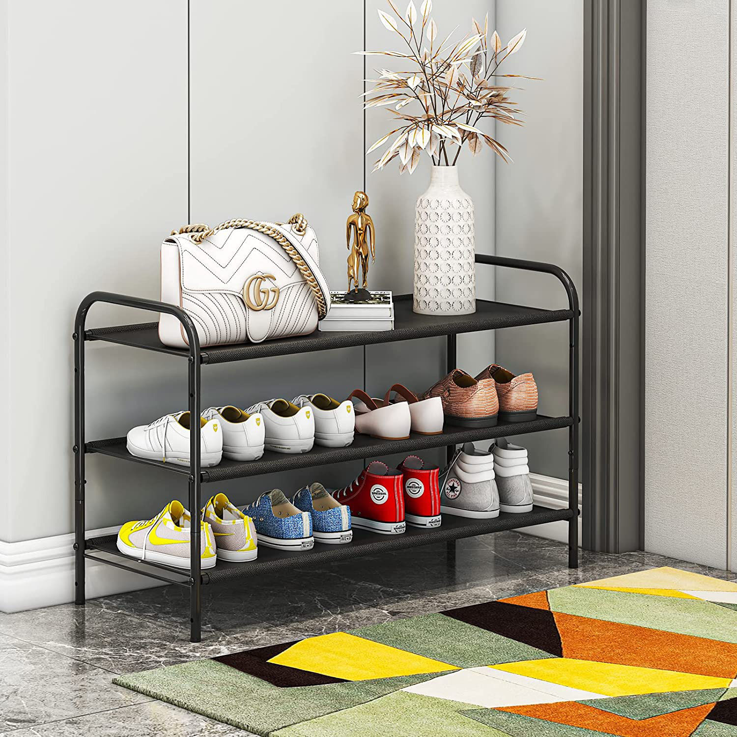 Rebrilliant 3-Tier Stackable Shoe Rack Organizer, Adjustable Fabric ...