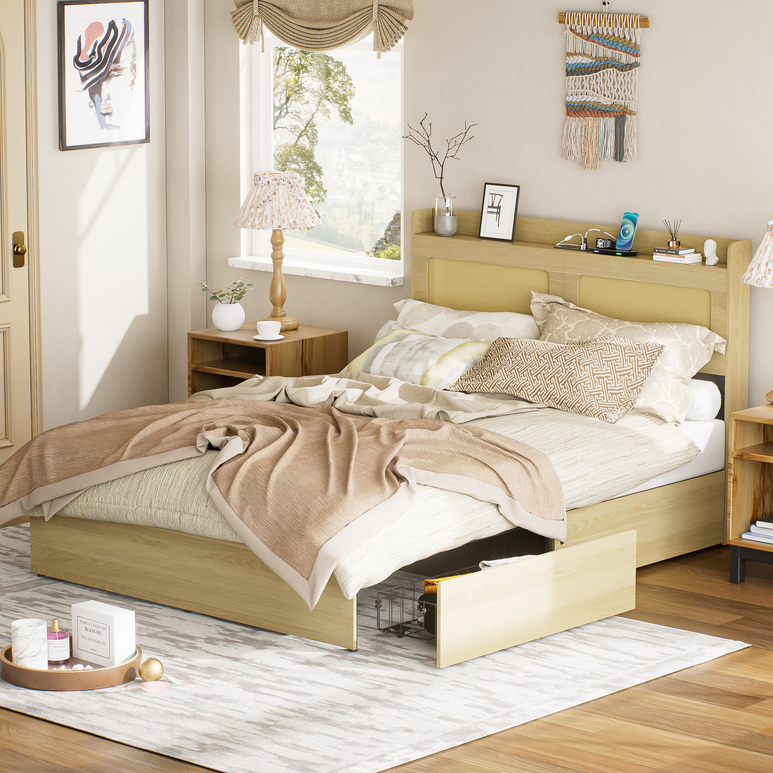 Latitude Run® Bed Frame with Rattan Headboard, Boho Bed Frame with 4 ...