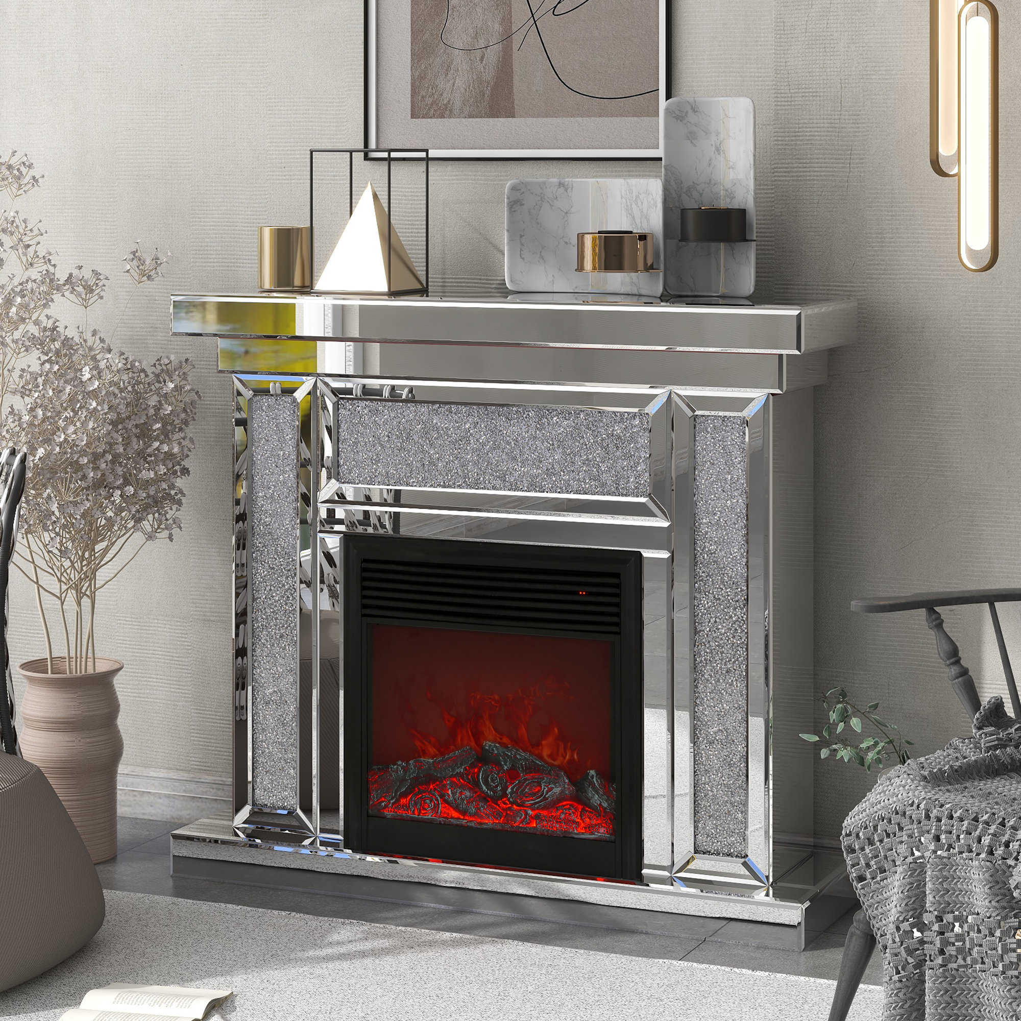 Everly Quinn 47 Inch Acrylic Mirrored Electric Fireplace Freestanding ...