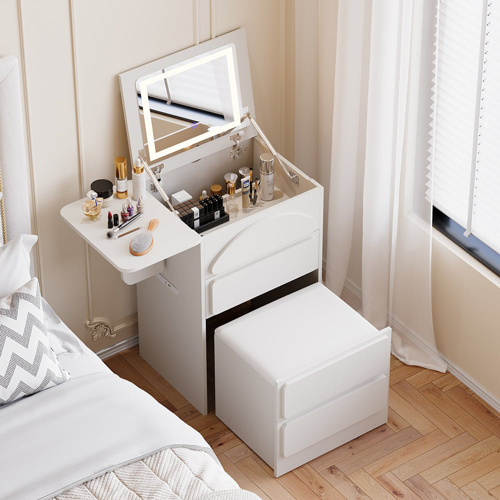 Latitude Run® Modern White Mini Makeup Vanity Set With Charging Station ...