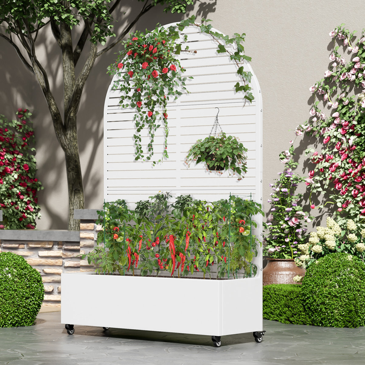 Latitude Run® Metal Planter Box privacy screen Garden Bed with Trellis ...