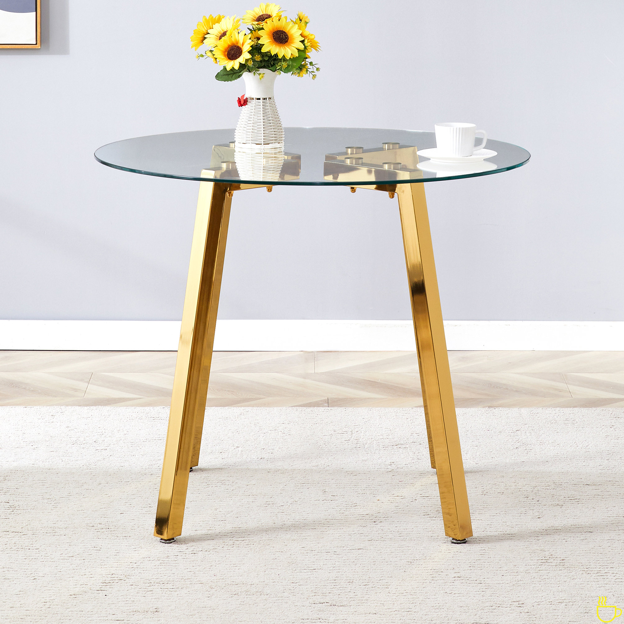 Mercer41 Round Tempered Glass Dining Table With Gold 7-Shaped Metal ...