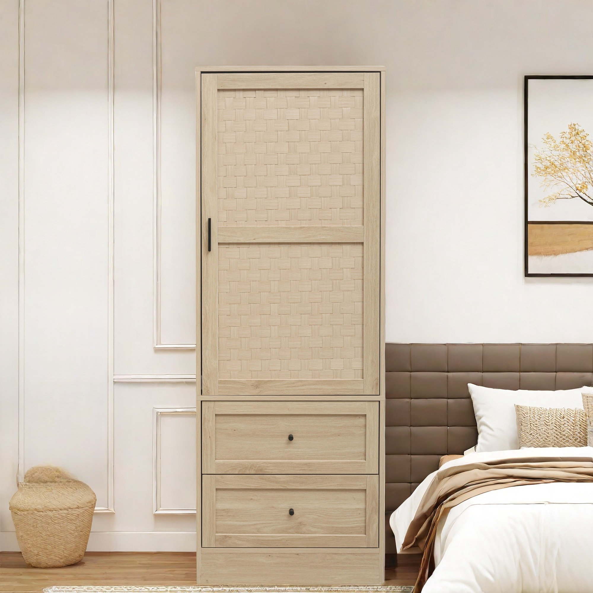 Ebern Designs Wardrobe With Cross Weave Effect, 2 Drawers And A Silver ...