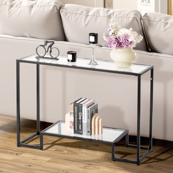 Mercer41 2-Tier Glass Console Table, Modern Rectangle Sofa Side Table ...