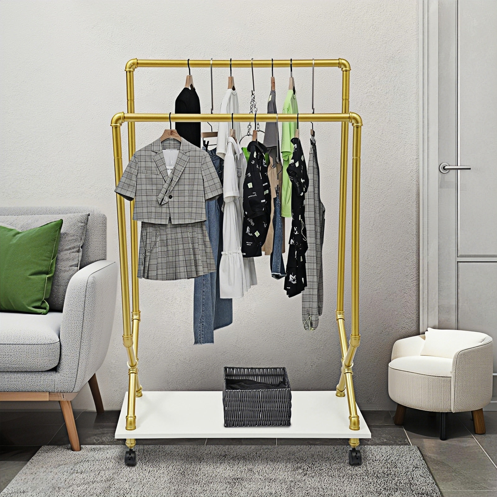 Everly Quinn Gold Dual - Bar Mobile Clothing Rack with Wheels and Shelf ...