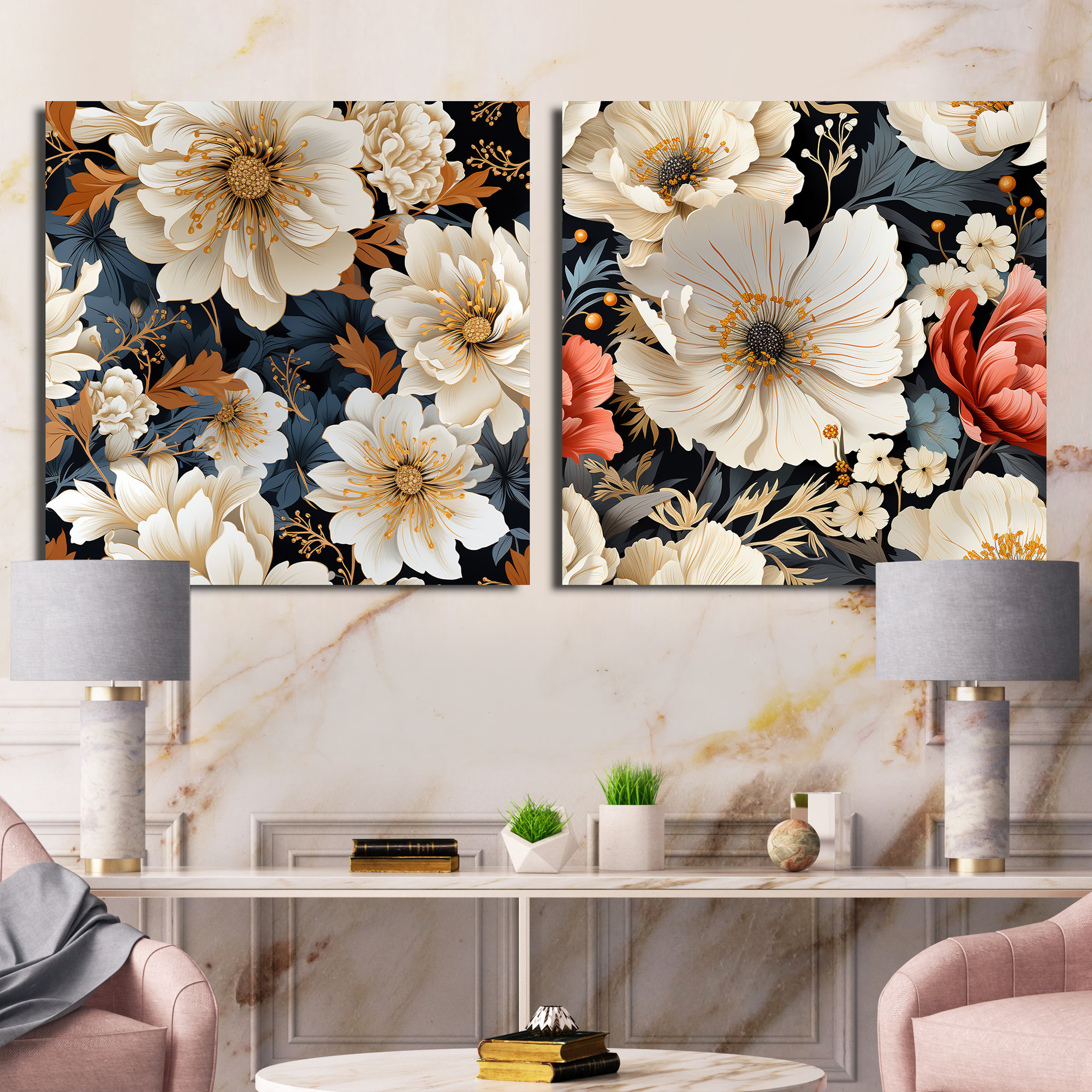 Lark Manor™ White And Gold Contemporary Floral Fusion Collage - Floral ...