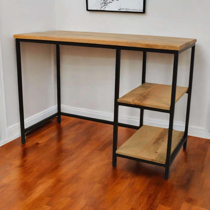 HomeRoots 42" Natural and Black Solid Wood and Metal Computer Desk ...