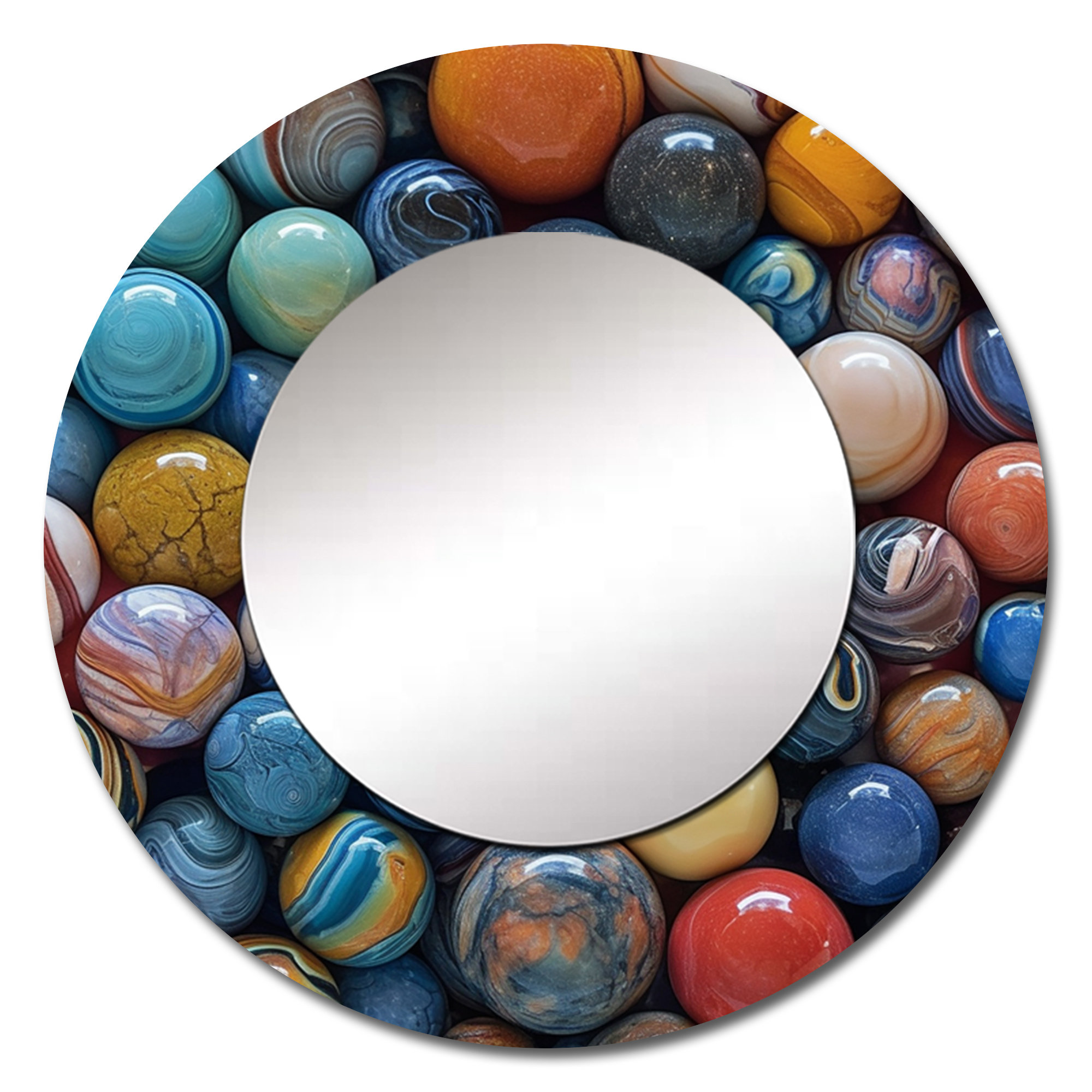 Design Art Mystical Marbles II - Abstract Shapes Blue Round Mirror | Wayfair